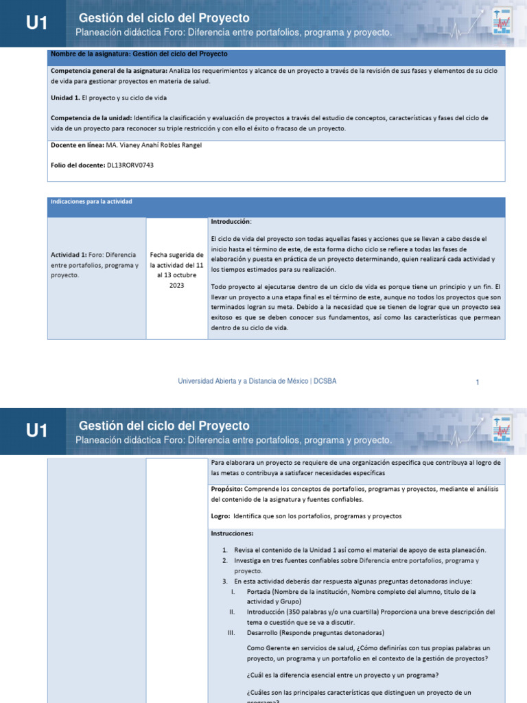 Planecion 2023 Unidad 1 Act 1 Foro (Diferencia Entre Portafolios, Programa y Proyecto) | PDF ...