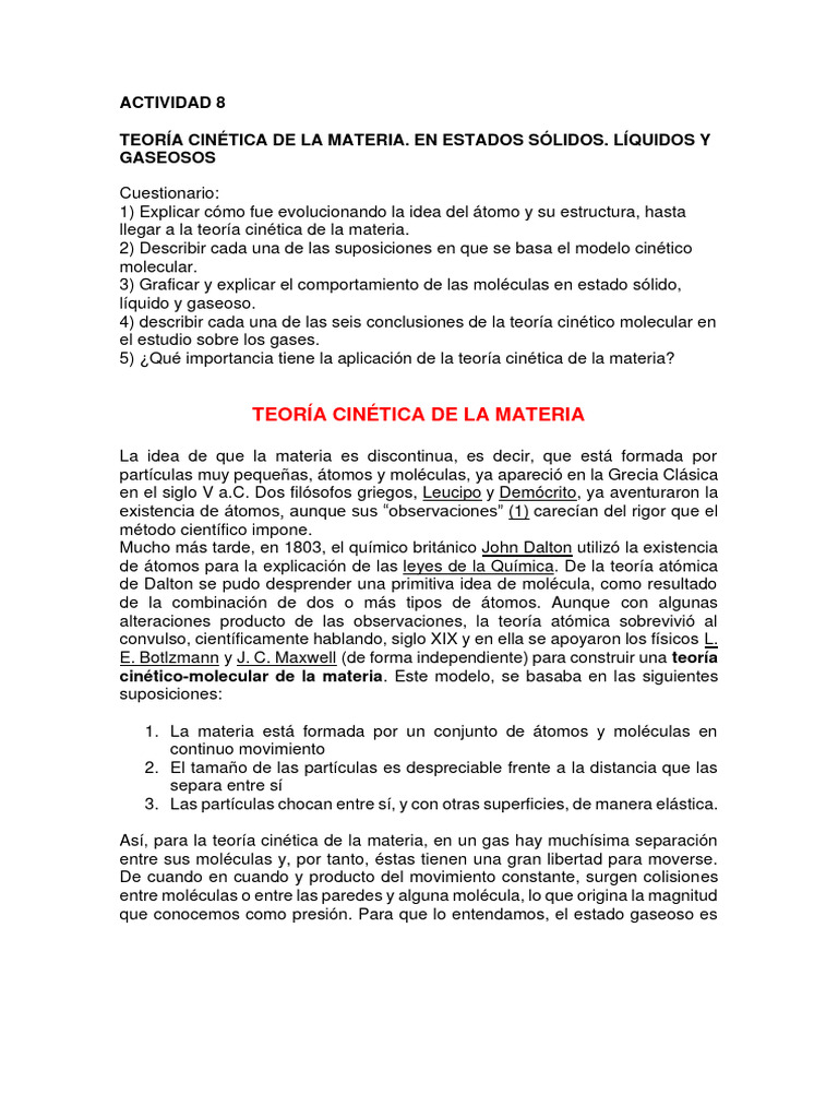 ACTIVIDAD 8. TEORÍA CINÉTICA DE LA MATERIA | PDF | Gases | Importar