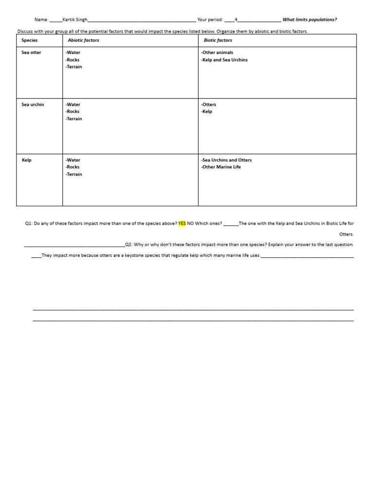 Homeostasis Keystone Limiting Factors Form | PDF