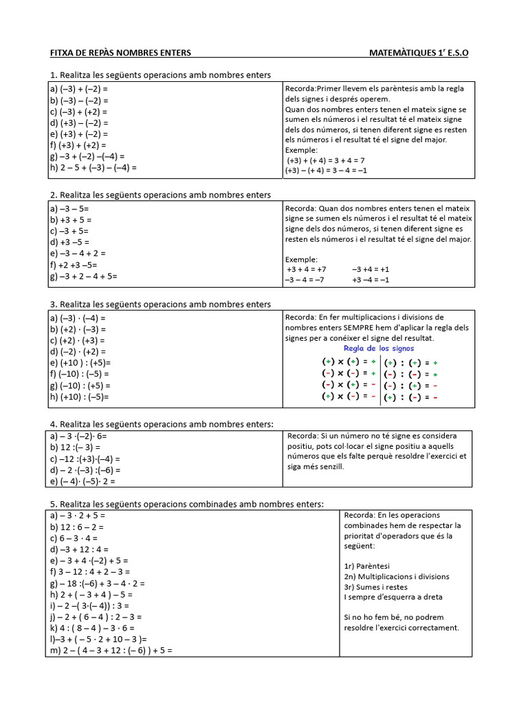 Repàs Enters (Matemàtiques 1r ESO) | PDF