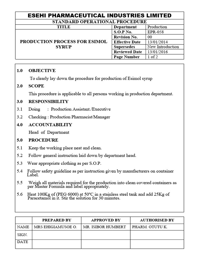 Production Process For Esimol Syrup | PDF | Chemistry