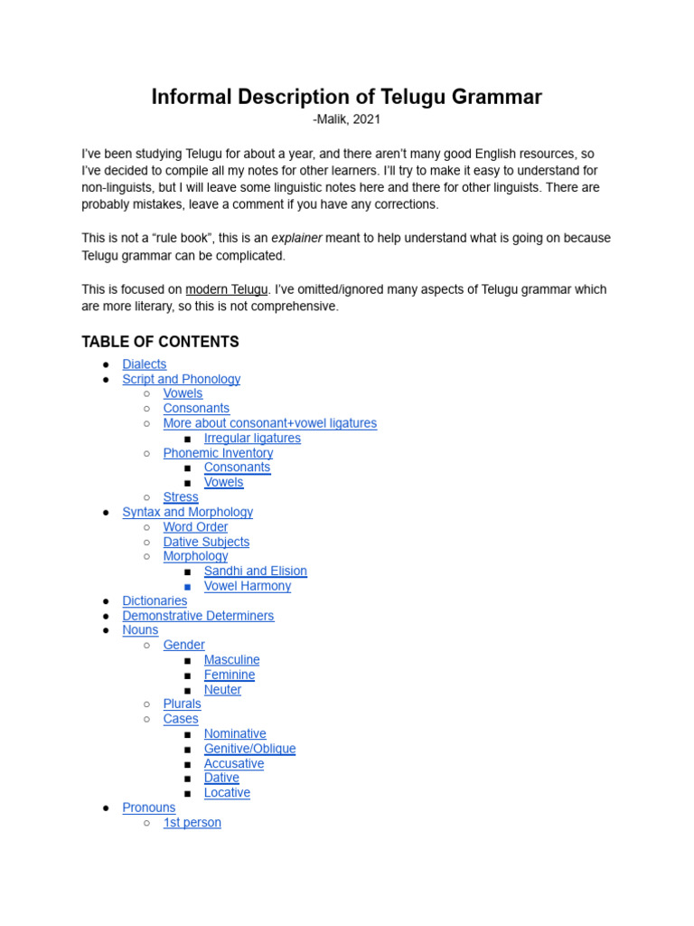 Informal Description of Telugu Grammar | PDF | Grammatical Gender ...