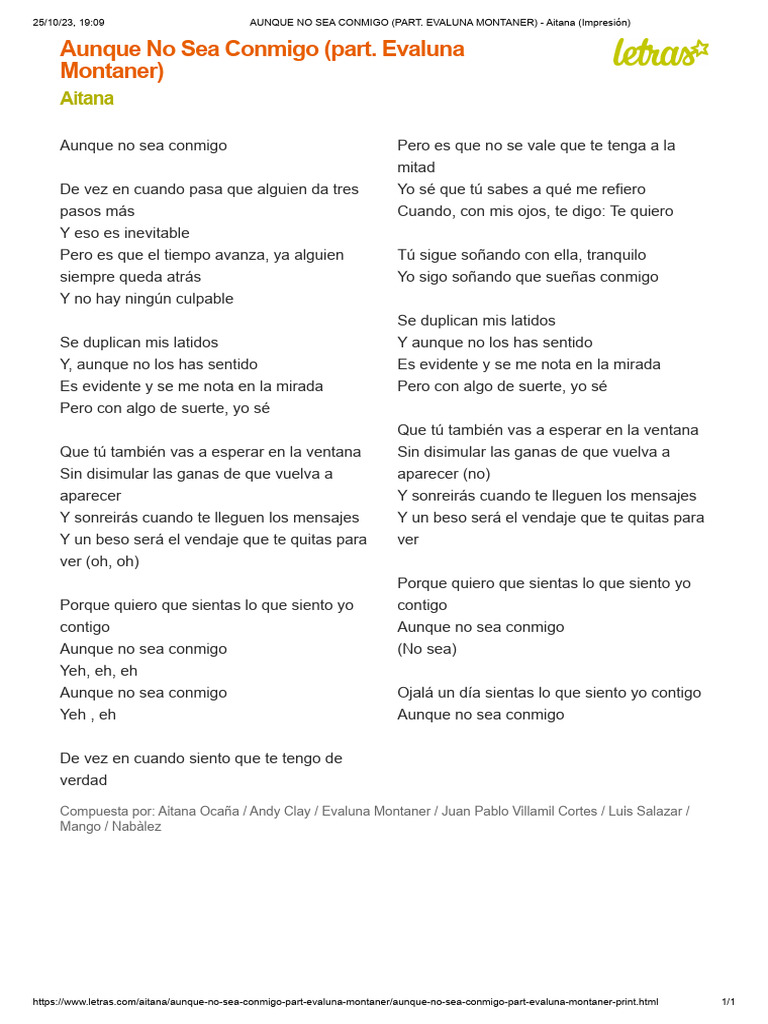 AUNQUE NO SEA CONMIGO (PART. EVALUNA MONTANER) - Aitana (Impresión) | PDF
