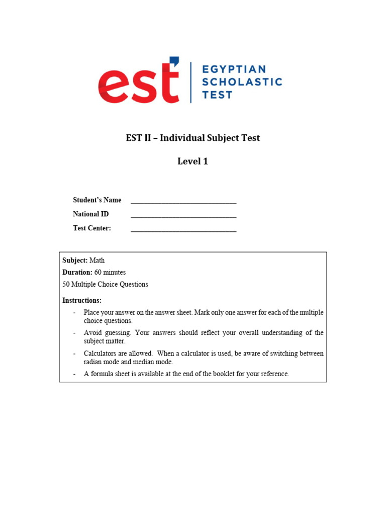 EST II Math Level 1 Exam December 2020 | PDF | Sphere | Area