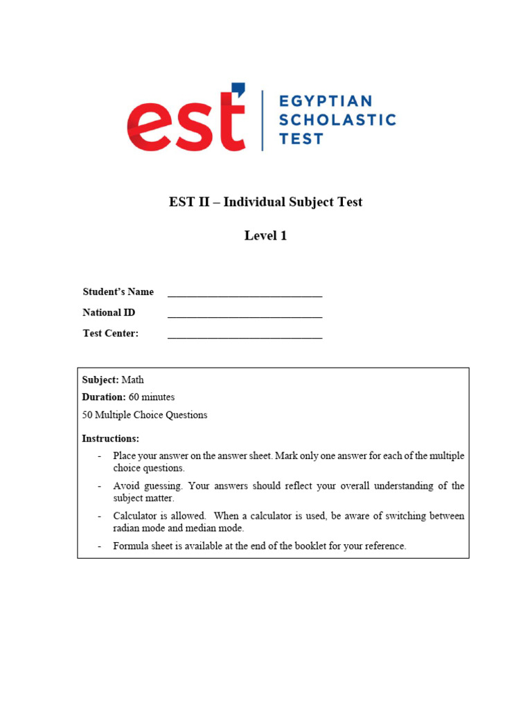 EST II - Math Level 1 - May 2021 | PDF | Area | Rectangle