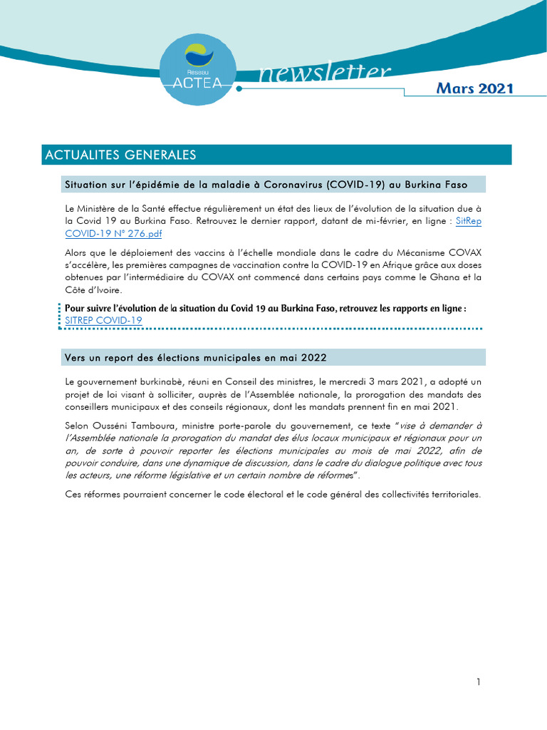 ACTEA NL n16 Mars 2021 | PDF | Assainissement | Burkina Faso