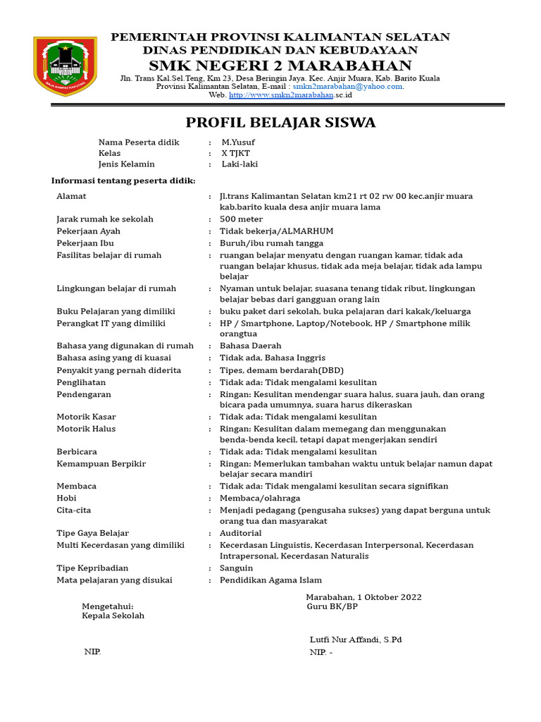 Hasil Profil Belajar Siswa SMKN 2 Marabahan M.Yusuf | PDF