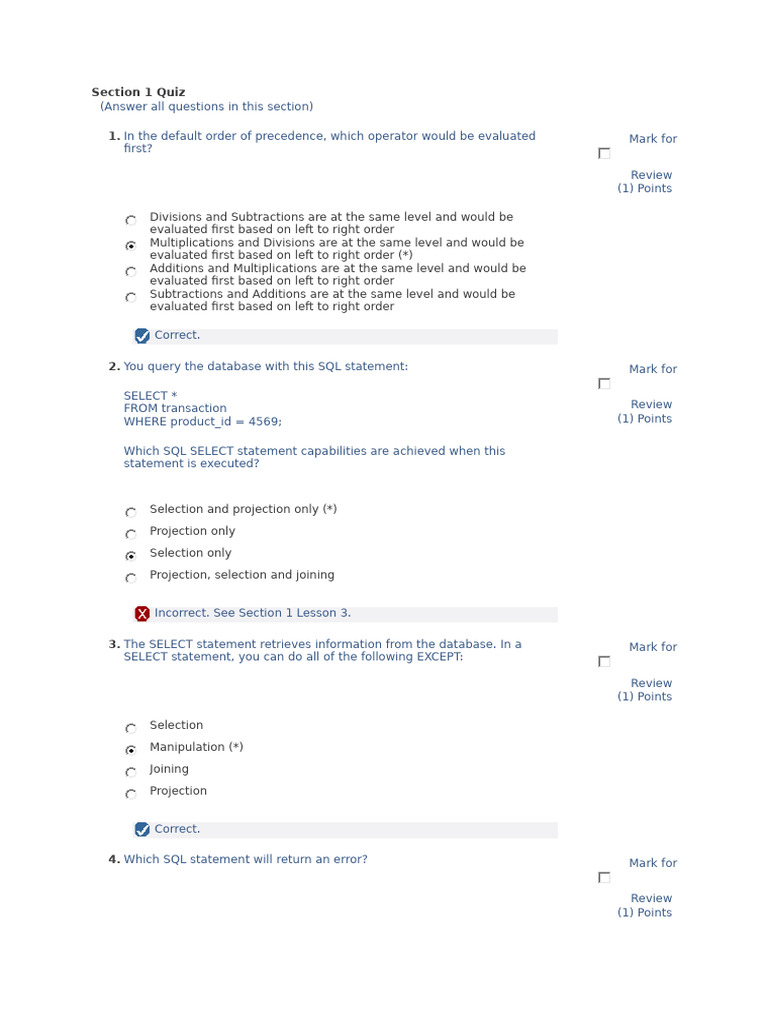 Section 1 Quiz 4 PDF Free | PDF | Relational Model | Databases