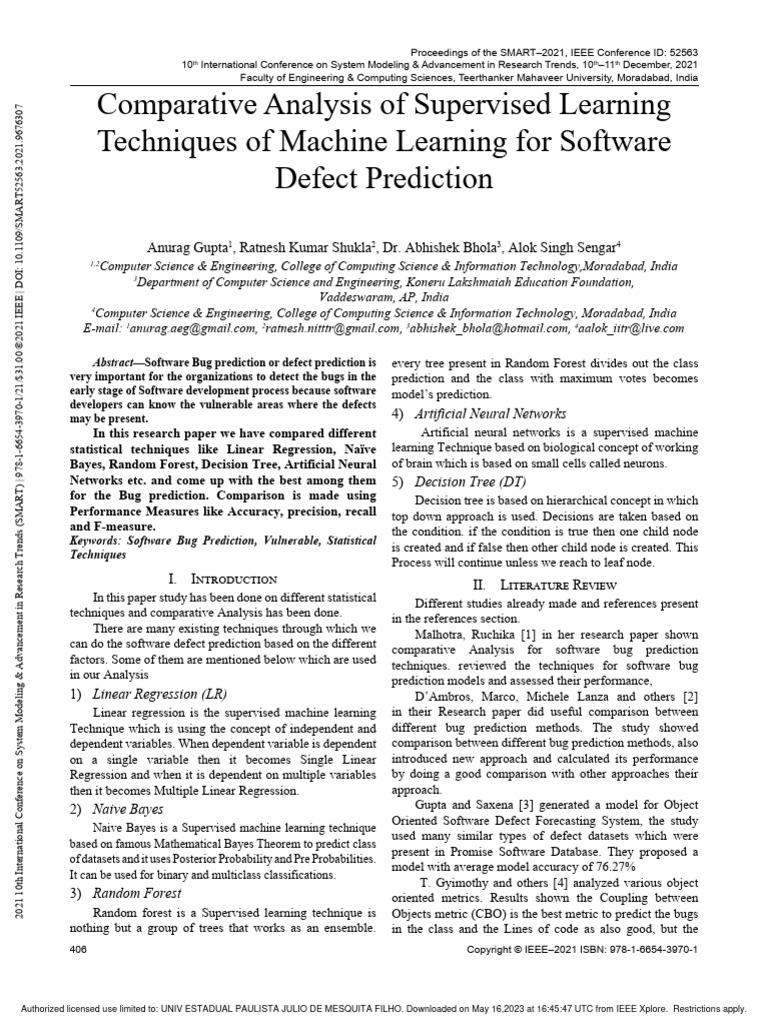 Comparative Analysis of Supervised Learning Techniques of Machine Learning For Software Defect ...