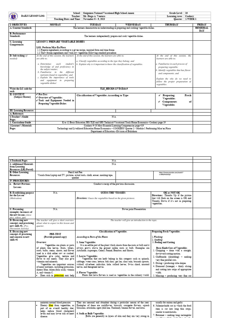 Grade 10 DLL Second Quarter Dav2 | PDF | Vegetables | Cooking