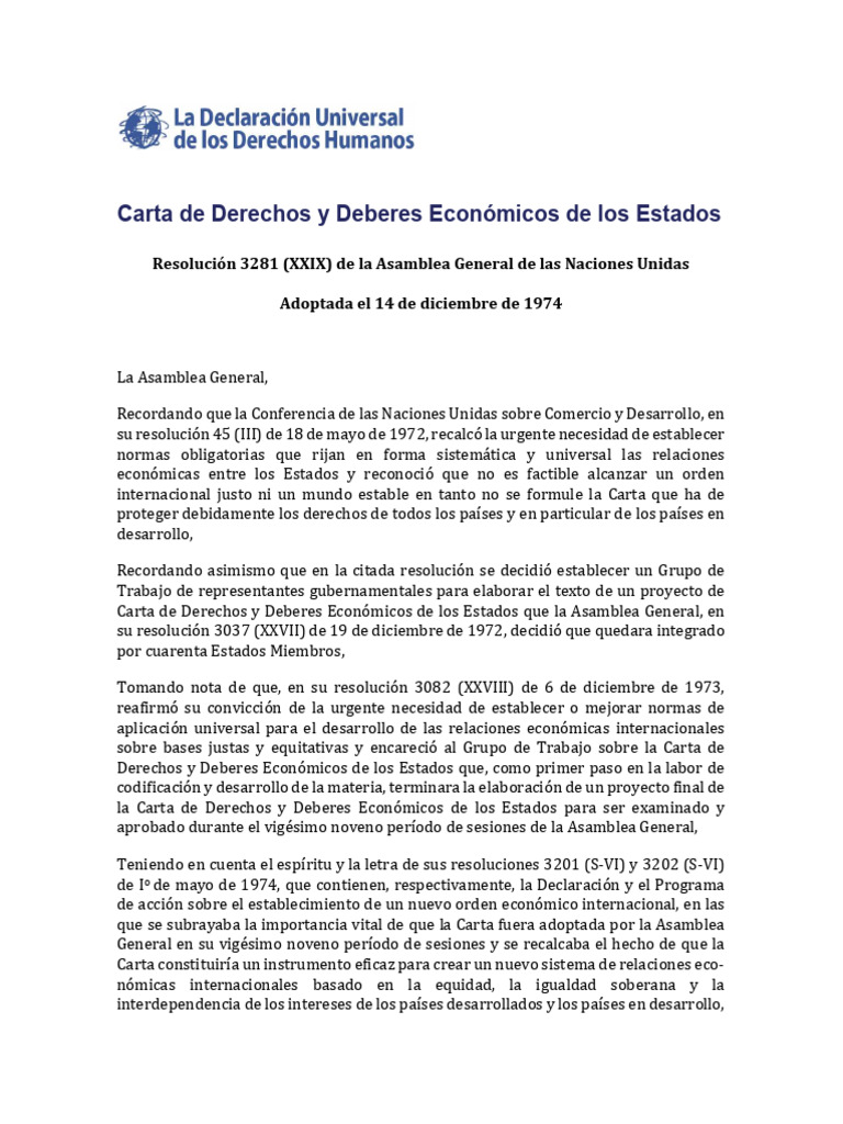 Carta Derechos y Deberes Econ. Estados ONU 1974 | PDF | Comercio ...