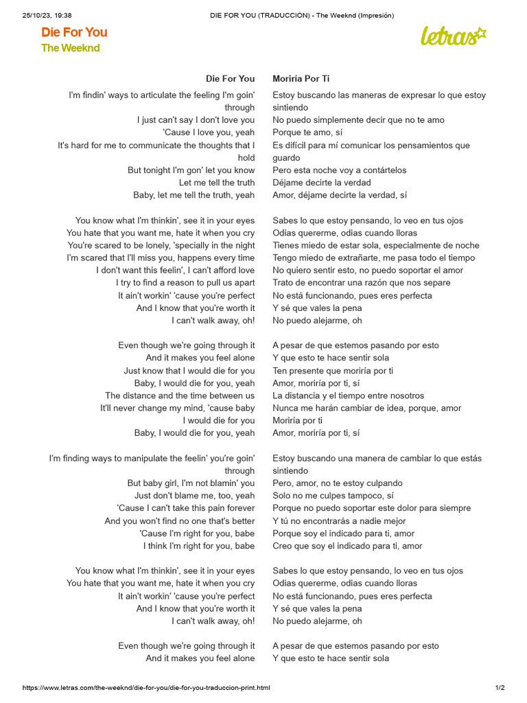 DIE FOR YOU (TRADUCCIÓN) - The Weeknd (Impresión) | Descargar gratis ...