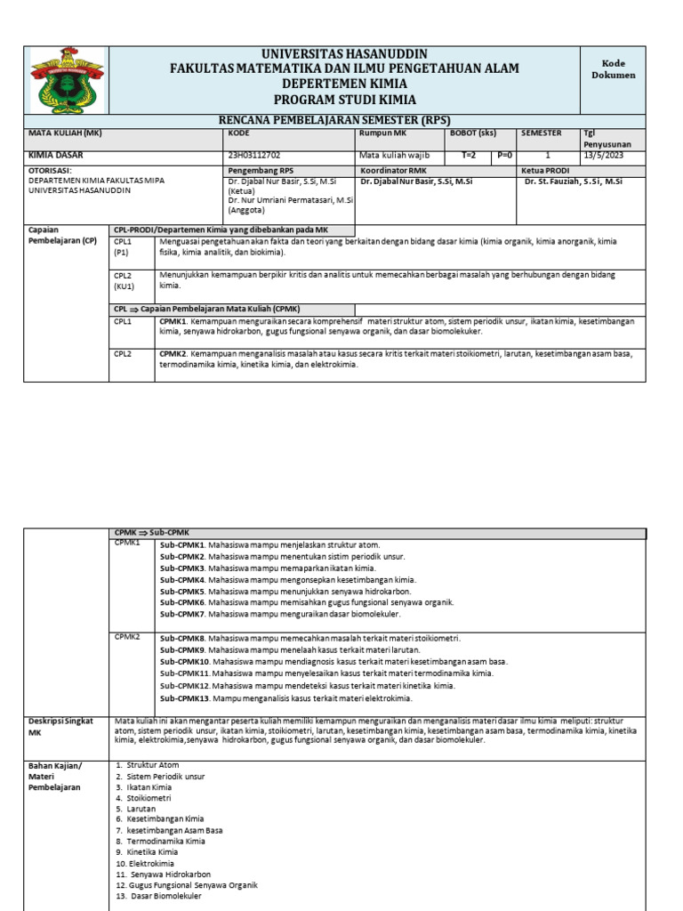 Rps Kimia Dasar 2 Sks | PDF
