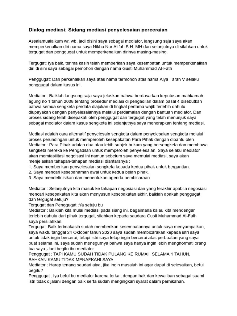 Dialog Mediasi - Sidang Mediasi Penyelesaian Perceraian PPKN | PDF