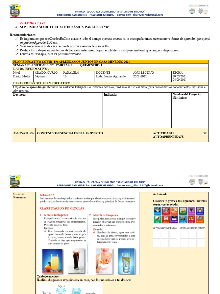 PLAN DE CLASE Semana 3 NIVELACION 7B CCNN TEMP | PDF | Aprendizaje | Modificación de comportamiento
