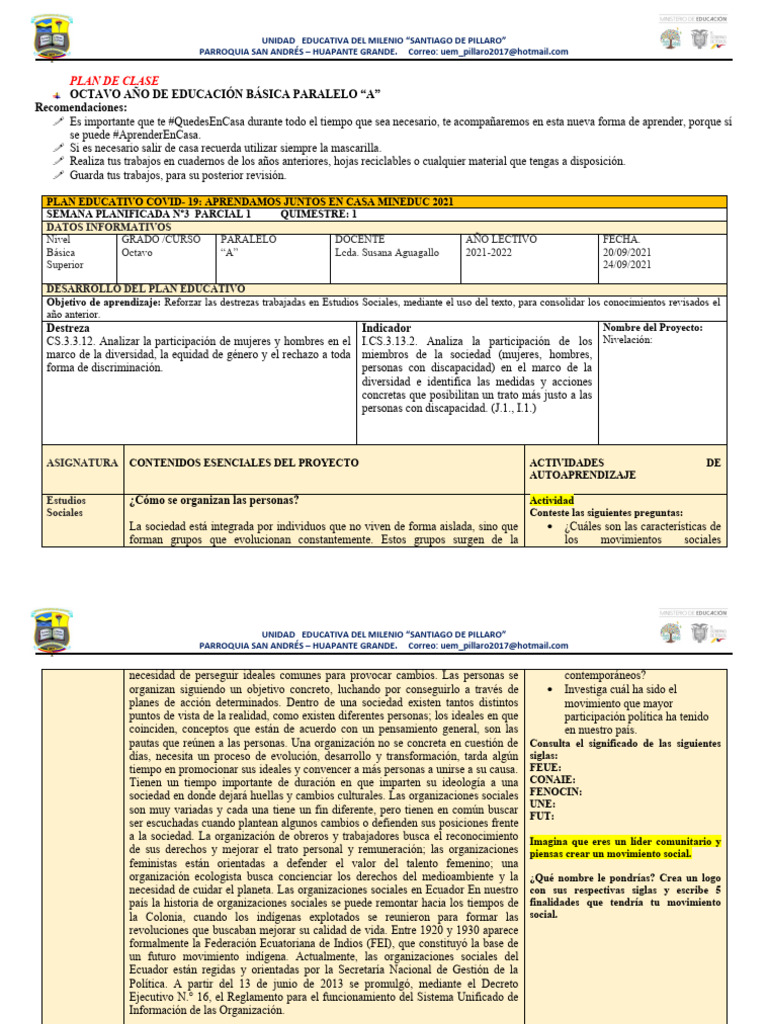 PLAN DE CLASE Semana 3 NIVELACION 8A EESS | PDF | Fundación (sin fines de lucro)