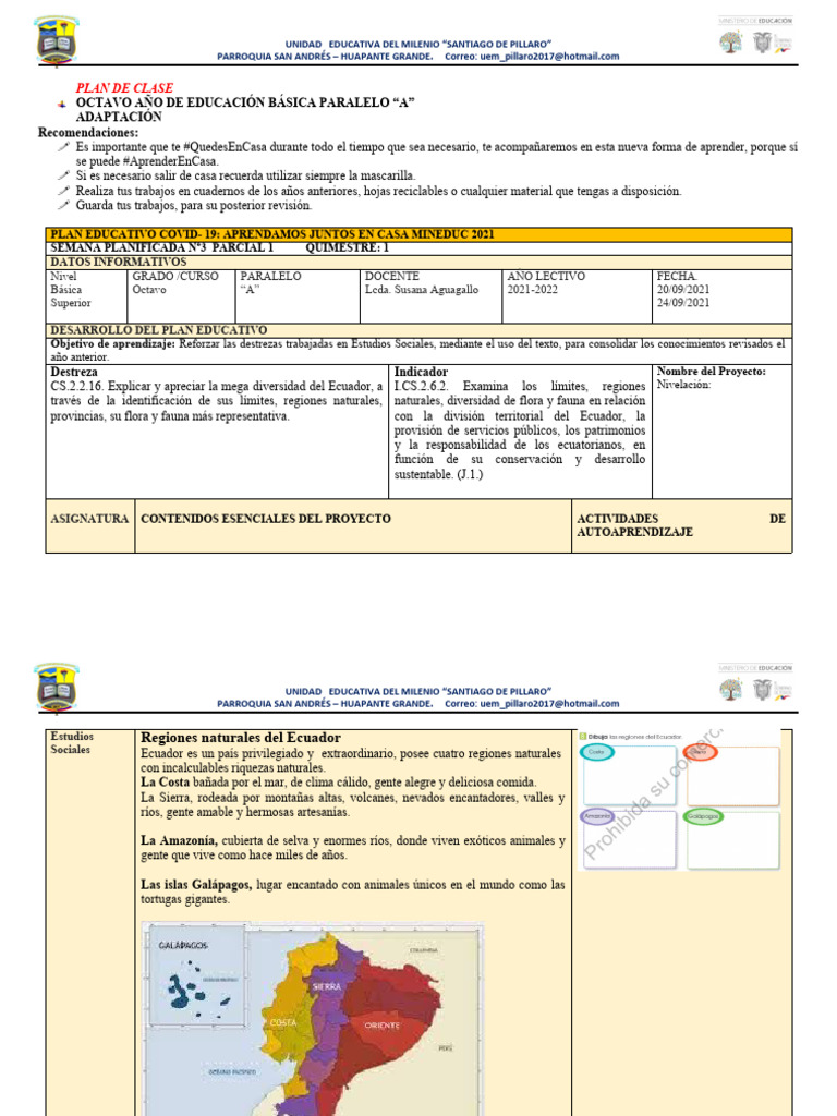 PLAN DE CLASE Semana 3 NIVELACION 8A EESS ADAPTACION | PDF | Ecuador
