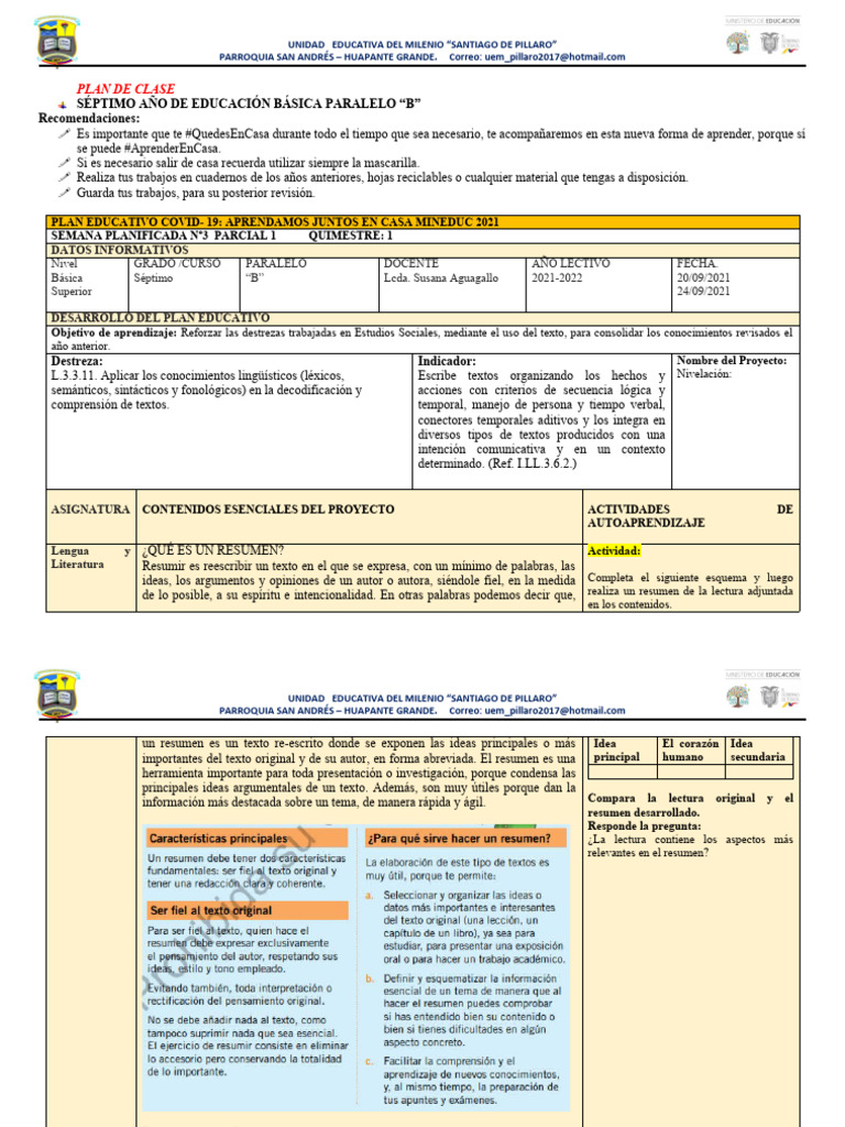 PLAN DE CLASE Semana 3 NIVELACION 7B LENGUA | PDF | Corazón | Artería