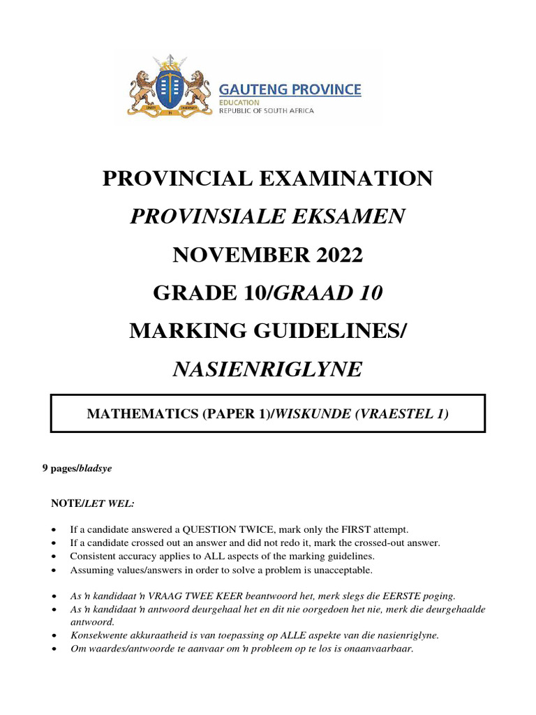 2022 Grade 10 Final Exam Nov Math Paper 1 GP Memo | PDF