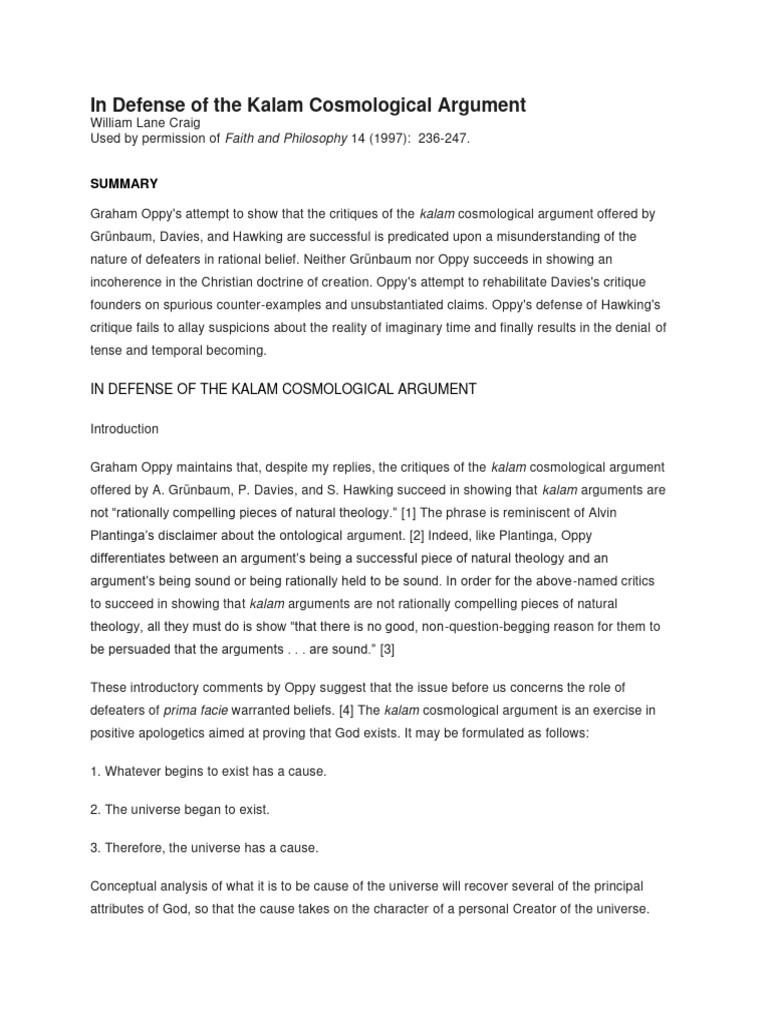 In Defense of The Kalam Cosmological Argument 1 | PDF | Argument ...