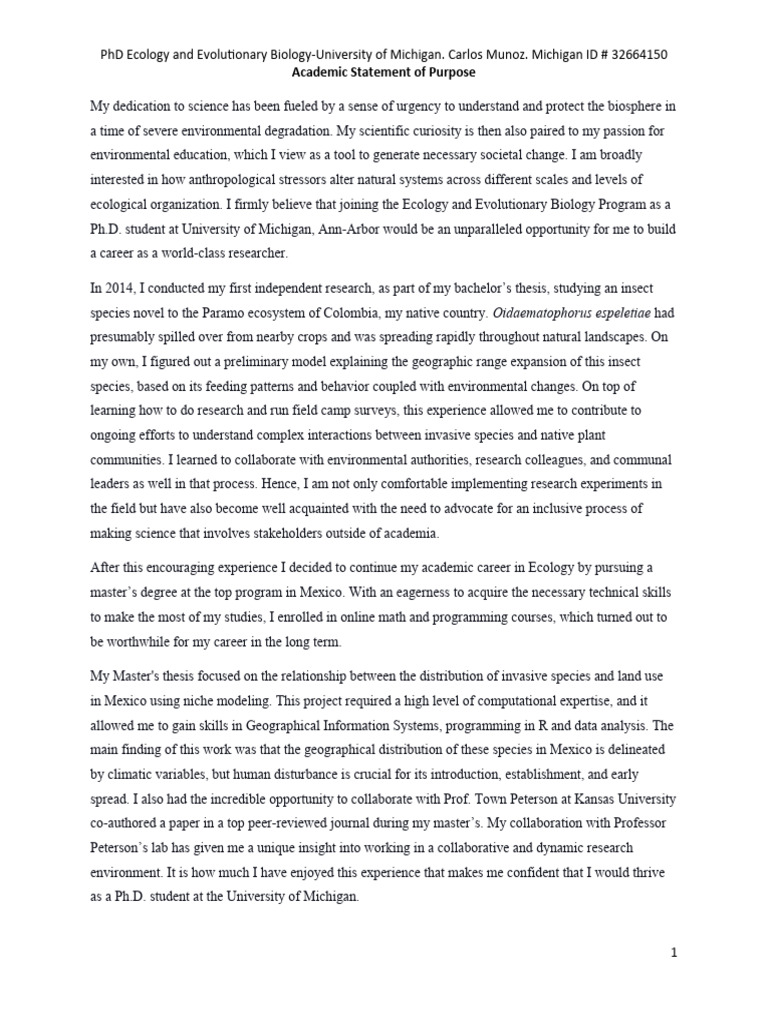 Personal Statement Michigan University | PDF | Ecology | Human Impact ...