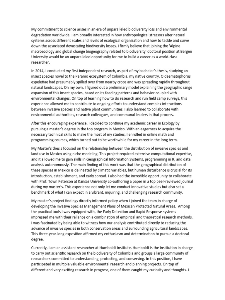 Personal Statement Bergen University | PDF | Biodiversity | Ecology