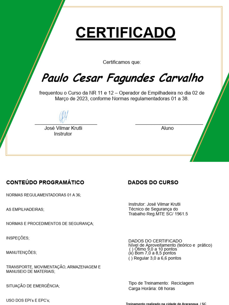 Certificado NR 11 e 12 Empilhadeira | PDF