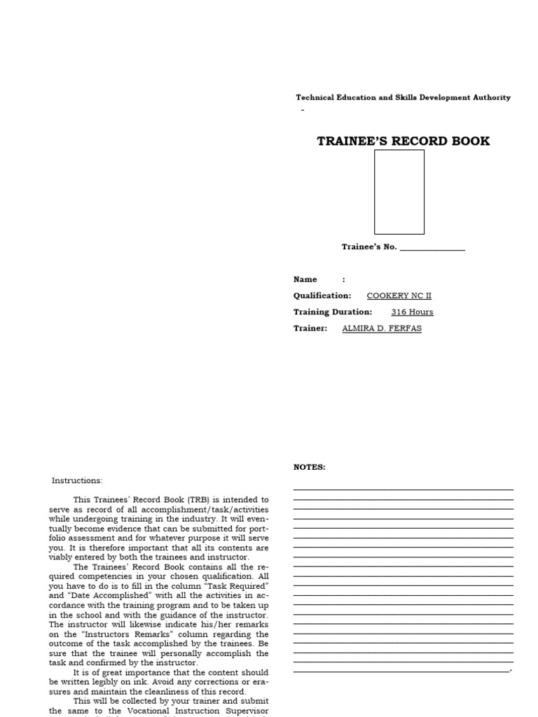 Trainee'S Record Book: Technical Education and Skills Development Authority | Download Free PDF ...