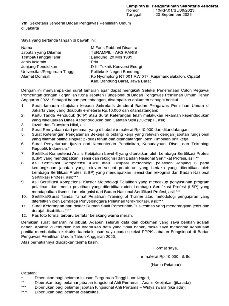 Lampiran Iii Surat Lamaran PPPK 2023 | PDF