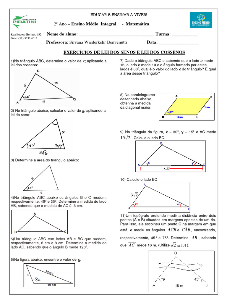 Exercícios de Lei Dos Senos e Lei Dos Cossenos | PDF | Triângulo ...