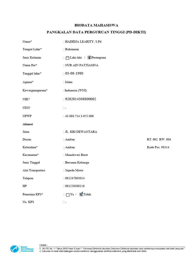 Format Biodata Mahasiswa | PDF