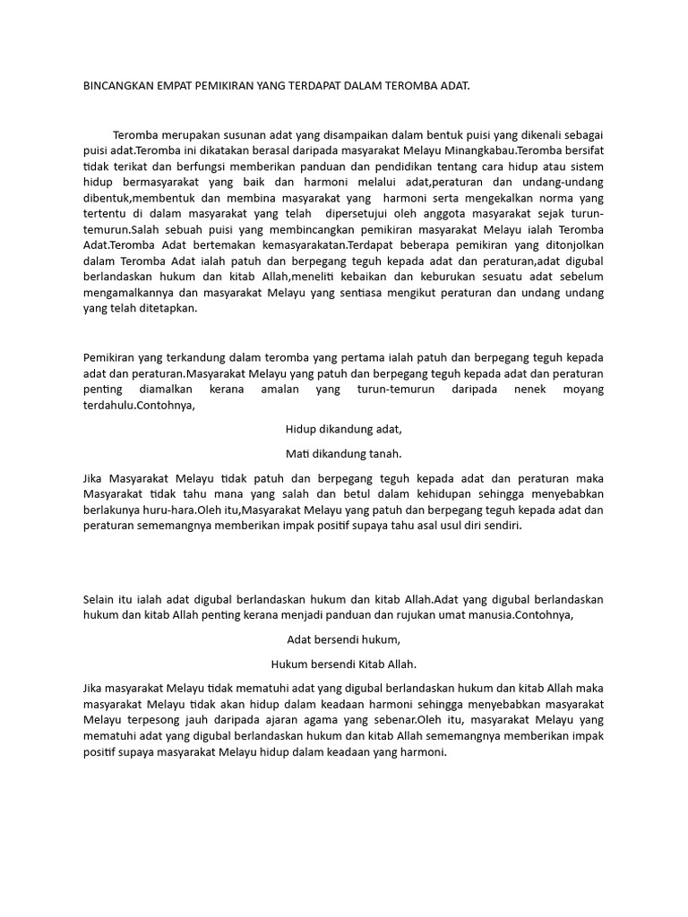 Bincangkan Empat Pemikiran Yang Terdapat Dalam Teromba Adat | PDF