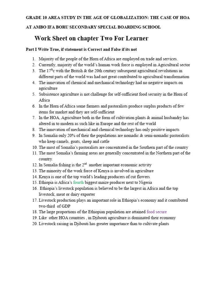 Area Study of Grade 10 Work Sheet On Chapter Two-1 | PDF | Agriculture ...