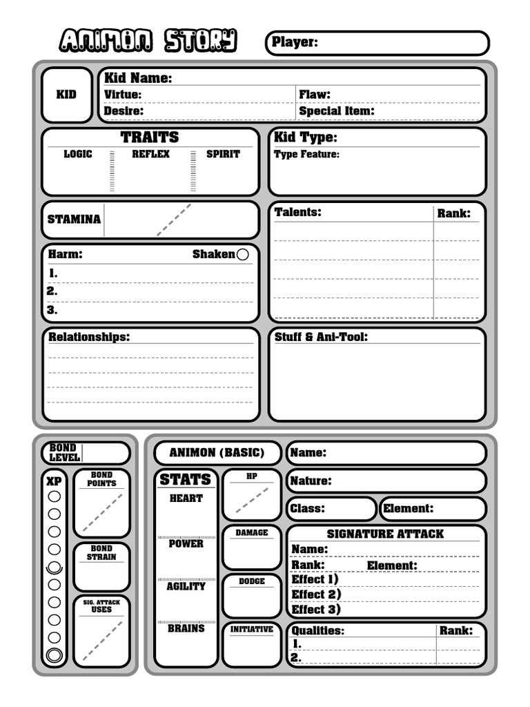 (Fillable) Animon Story Character Sheet | PDF | Role Playing Games ...
