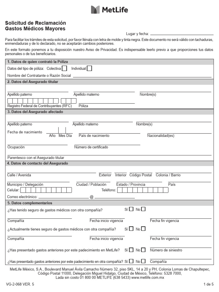 Solicitud Reembolso METLIFE LLENAR Bco | PDF | Seguro | Póliza de seguros