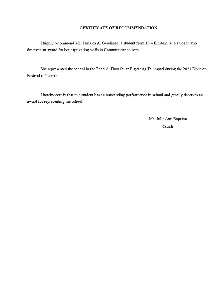 Certificate of Recommendation | PDF