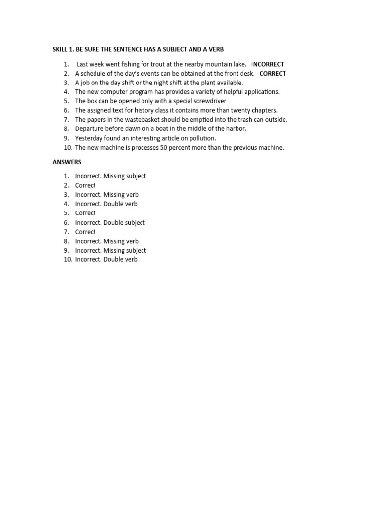 Skill 1. Be Sure the Sentence Has a Subject and a Verb | PDF
