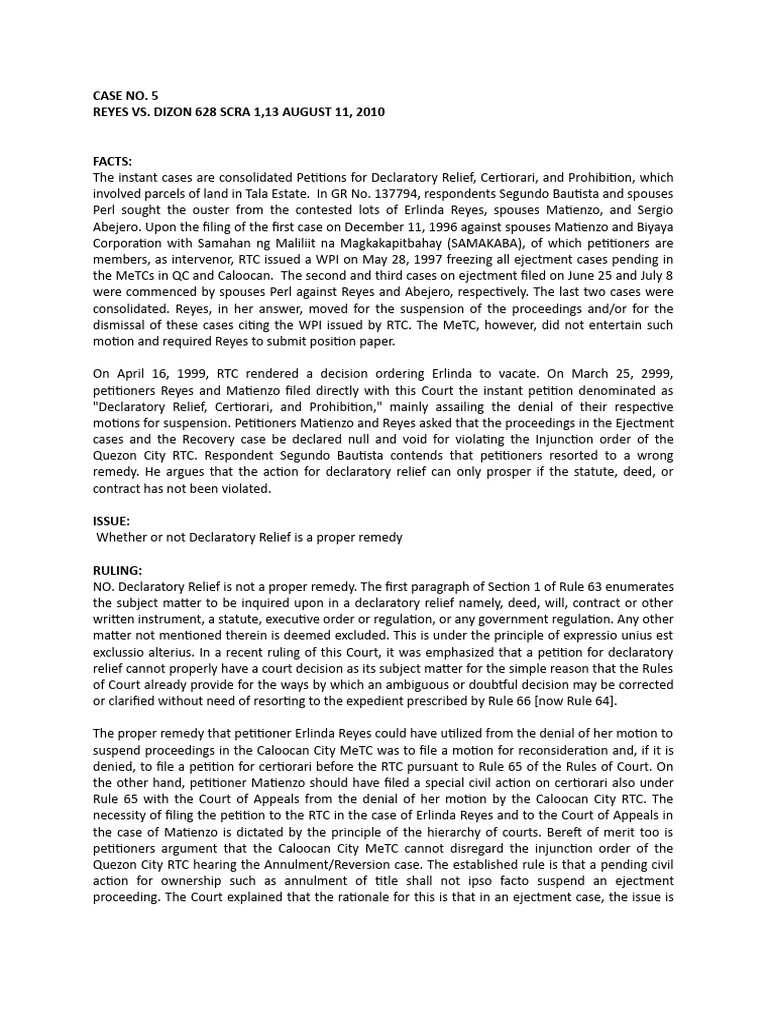 Reyes vs. Dizon: Ejectment Case Ruling | PDF | Legal Remedy | Certiorari