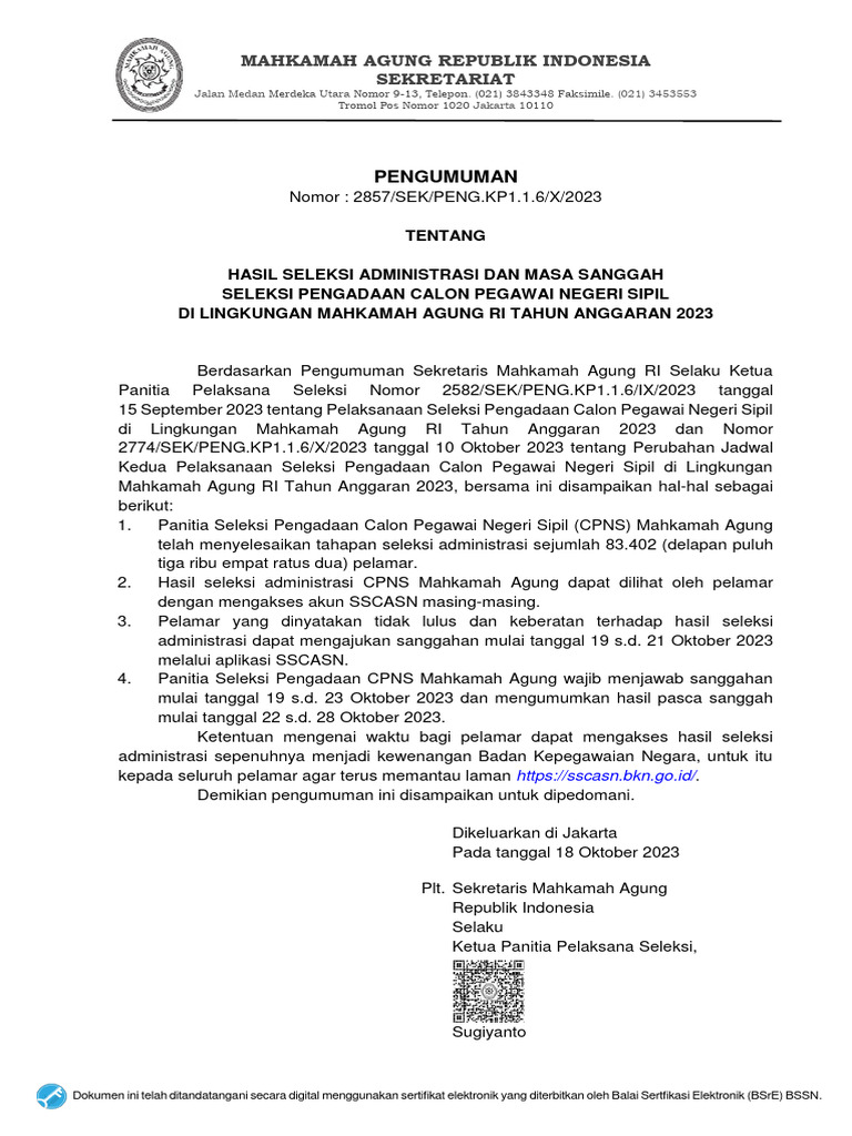 Pengumuman Hasil Seleksi Adm Dan Masa Sanggah CPNS MA 2023 - Sign | PDF Pengumuman Hasil Seleksi Adm Dan Masa Sanggah CPNS MA 2023 - Sign | PDF
