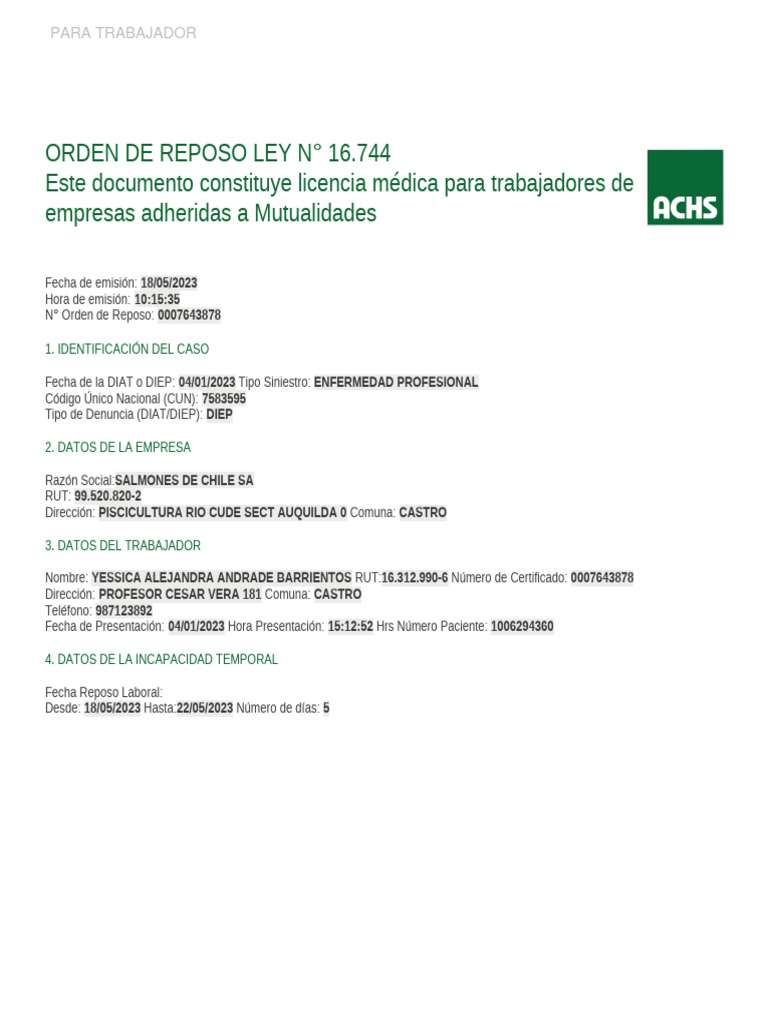 Orden de Reposo Ley #16.744 | PDF