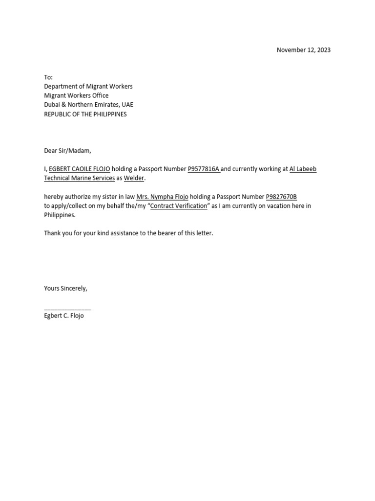 Authorization Letter for Contract Verification | PDF