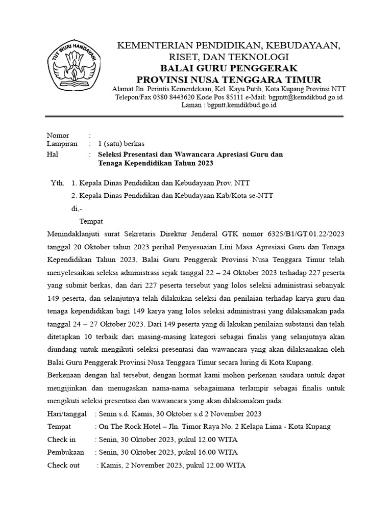 Surat Pemanggilan Peserta Wawancara Apresiasi GTK | PDF