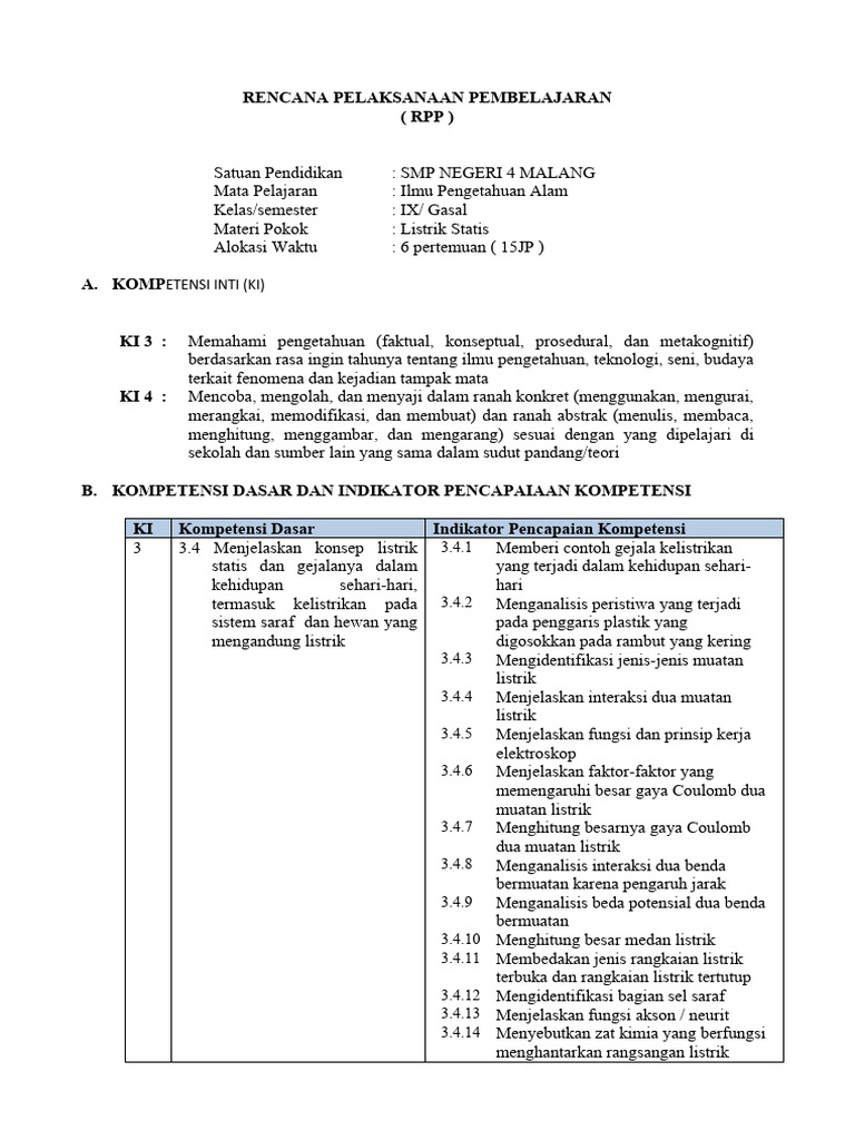 RPP IPA K9 - Bab 4 LISTRIK STATIS | PDF