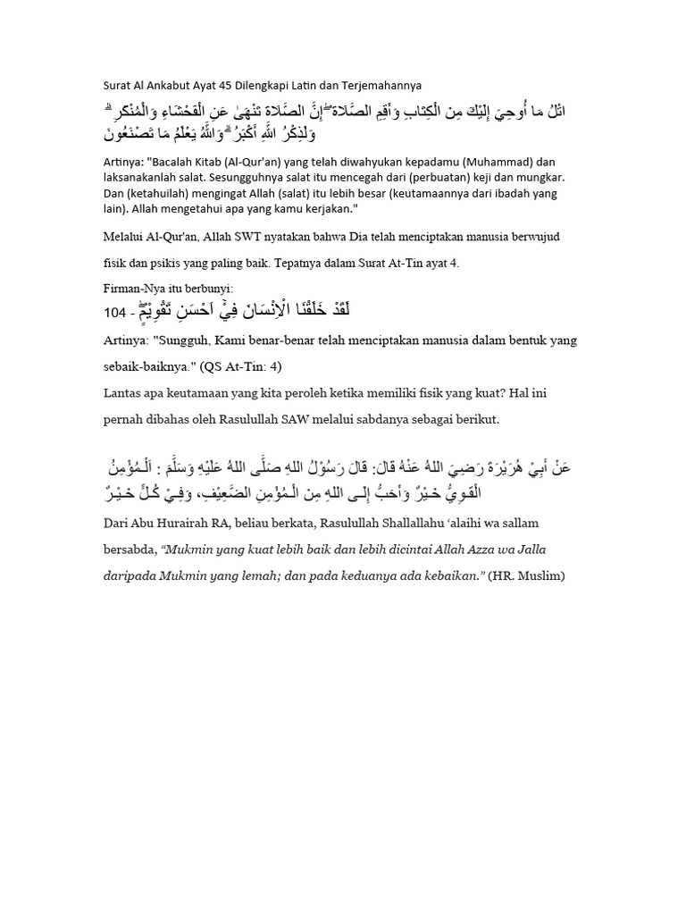 Surat Al Ankabut Ayat 45 Dilengkapi Latin dan Terjemahannya | PDF
