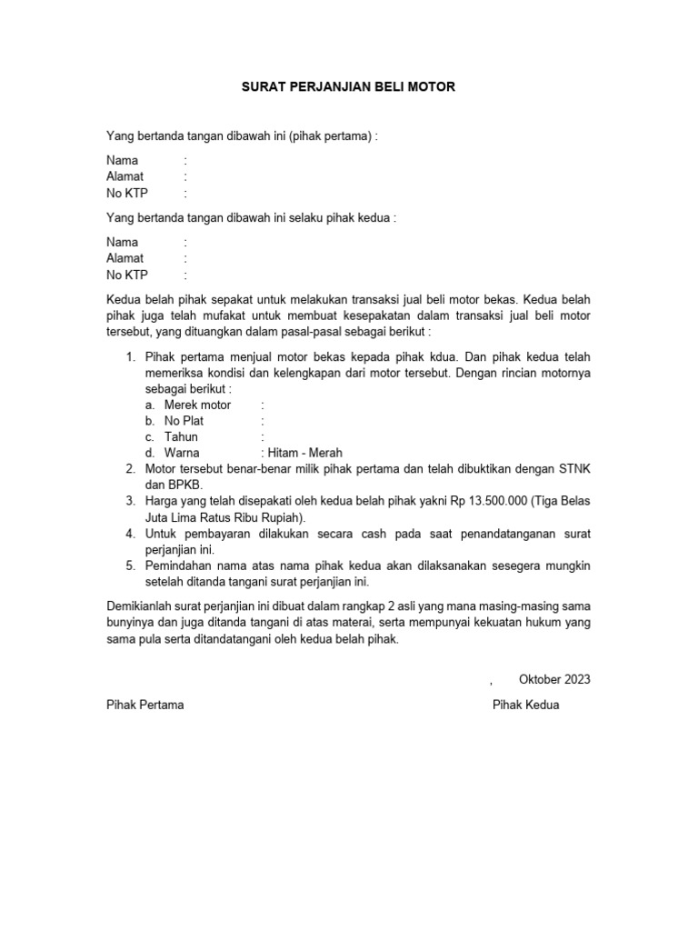 Surat Perjanjian Jual Beli Motor | PDF