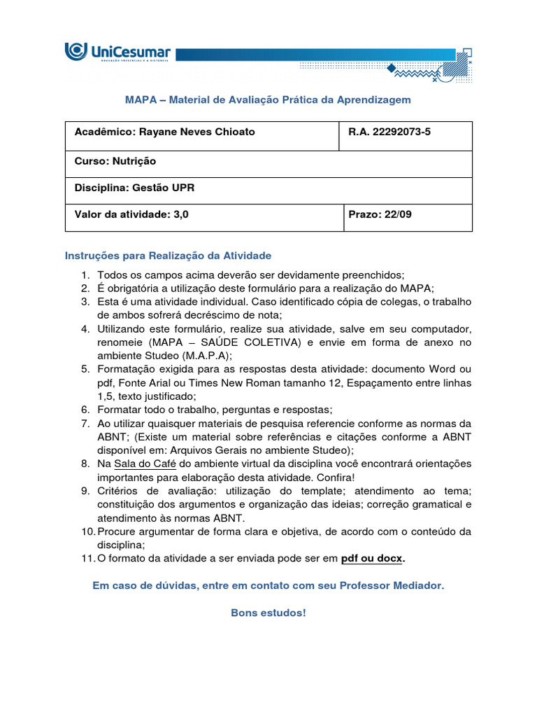 Mapa - Gestão Upr | PDF | Salada | Alimentos