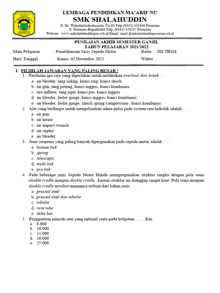 Soal Pemeliharaan Sasis Sepeda Motor Xii Pas Ganjil 2122 Real | PDF | Griya & Taman | Teknologi ...