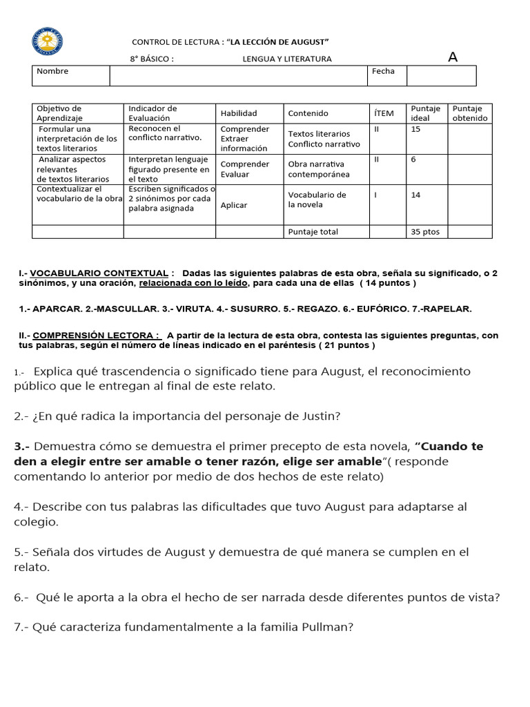 Control de Lectura: La Lección de August | PDF | Comprensión lectora ...