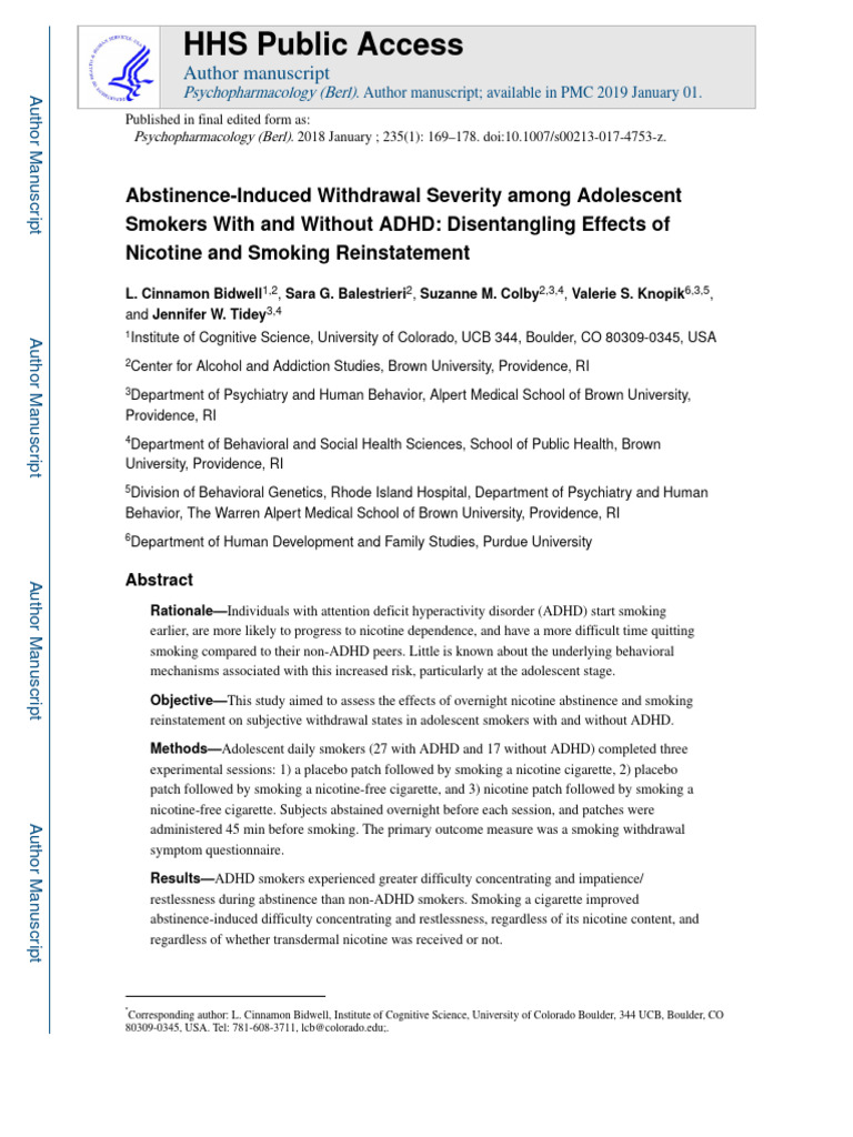 ADHD and Smoking Withdrawal in Teens | PDF | Tobacco Smoking | Addiction
