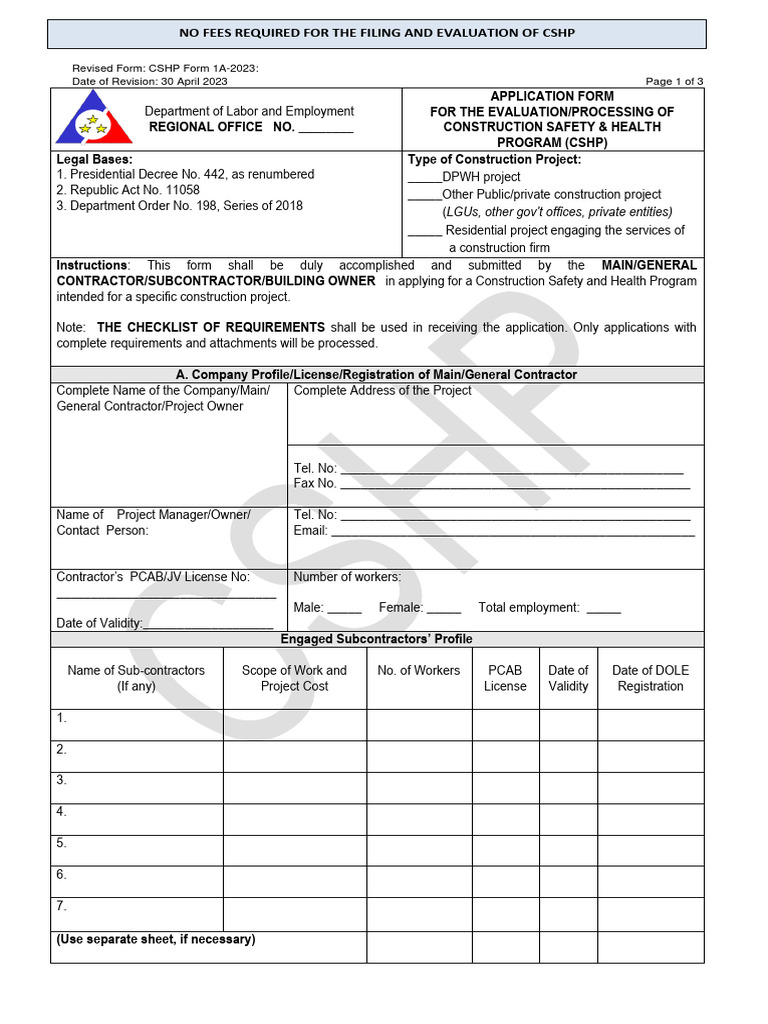 CSHP Form 1A-2023 Application-Form | PDF | General Contractor | Employment